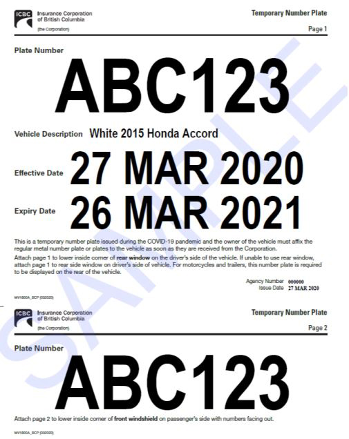 British Columbia Temporary Number Plates